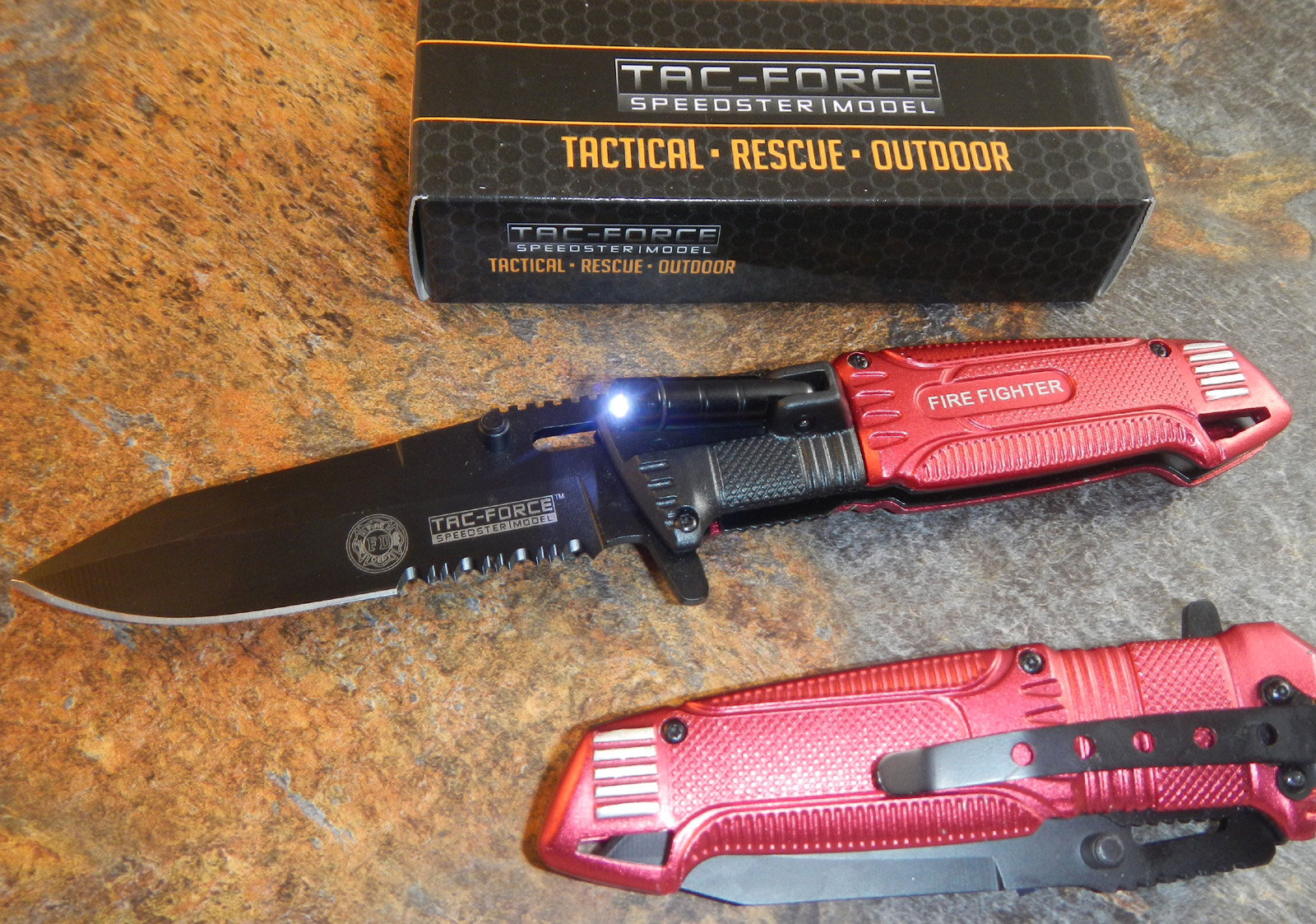 TAC-FORCE RED FIRE FIGHTER Spring Assisted Open RESCUE LED LIGHT Pocket ...